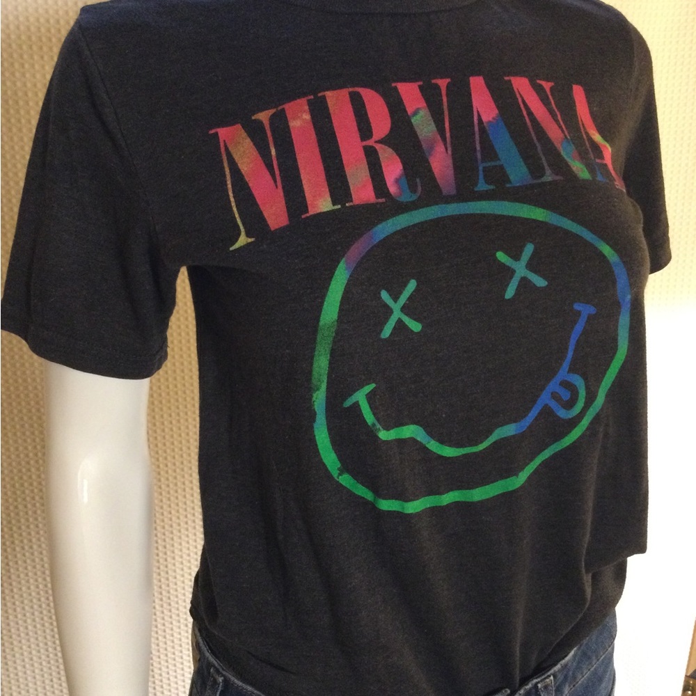 Nirvana Multicolor Smiley Face Band Name Black T-Shirt - Gem